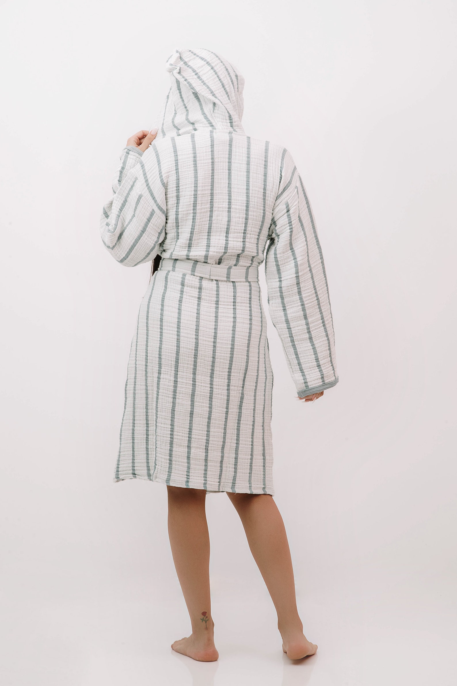 Muslin Cotton Kimono Robe, Striped Boho Bathrobe, Hooded Dressing Gown ...