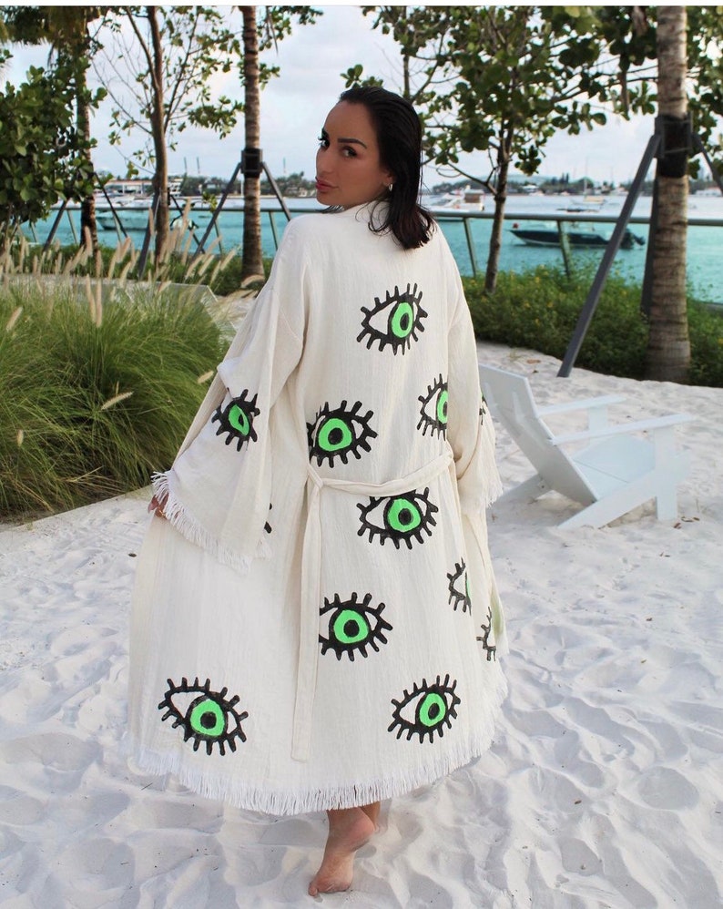 Turkish Cotton Green Evil Eye Kimono Cardigan Robe Evil Eye - Etsy