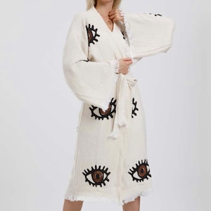 Turkish Cotton Green Evil Eye Kimono, Cardigan Robe, Evil Eye Ethnic ...
