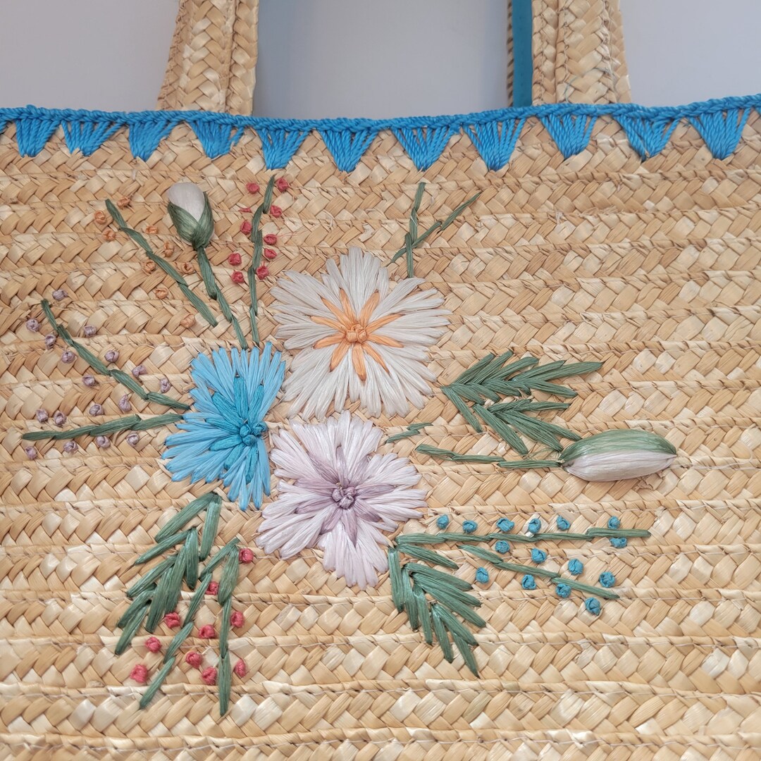 Turquoise Floral Straw Bag - Etsy