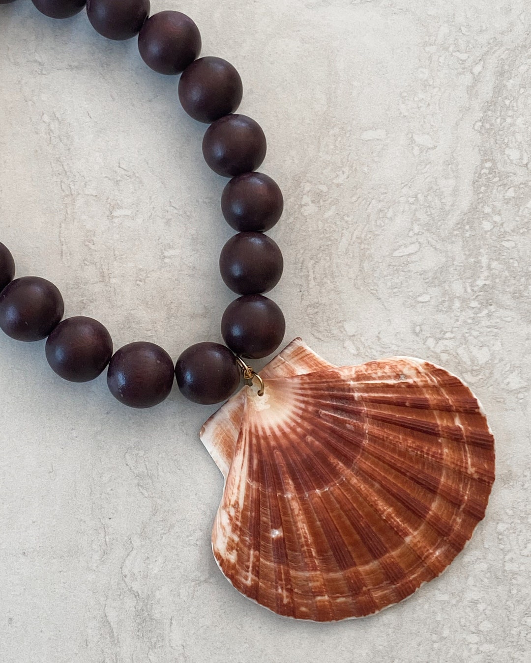 ROYA NECKLACE Scallop Sea Shell and Wood Bead Necklace Handmade in LA ...