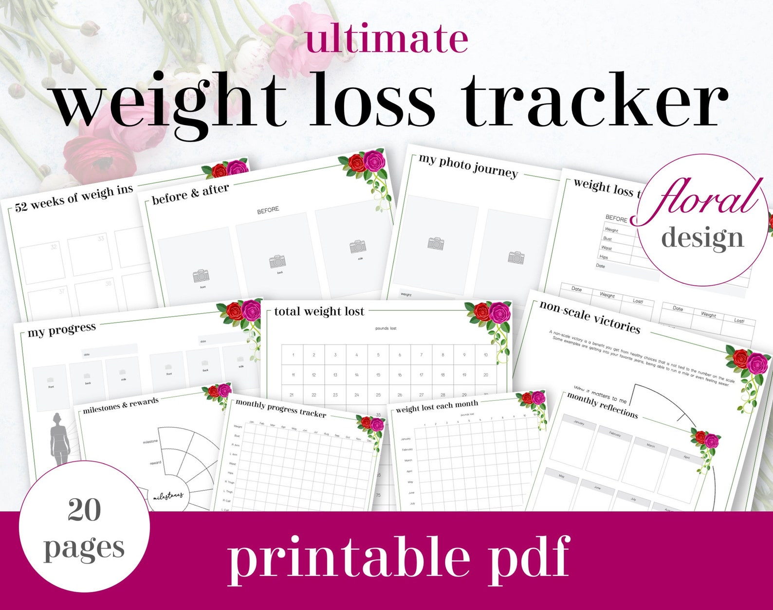 PRINTABLE Floral Weight Loss Tracker, Weight Loss Journal, Fitness ...