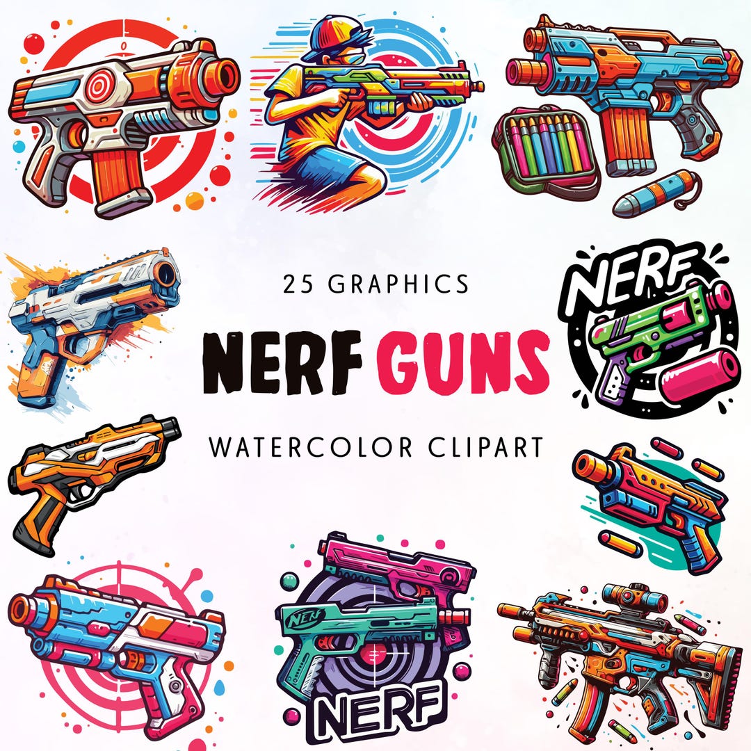 Nerf Guns Watercolor Clipart, Kids Toy Svg, Foam Darts, Nerf Target ...