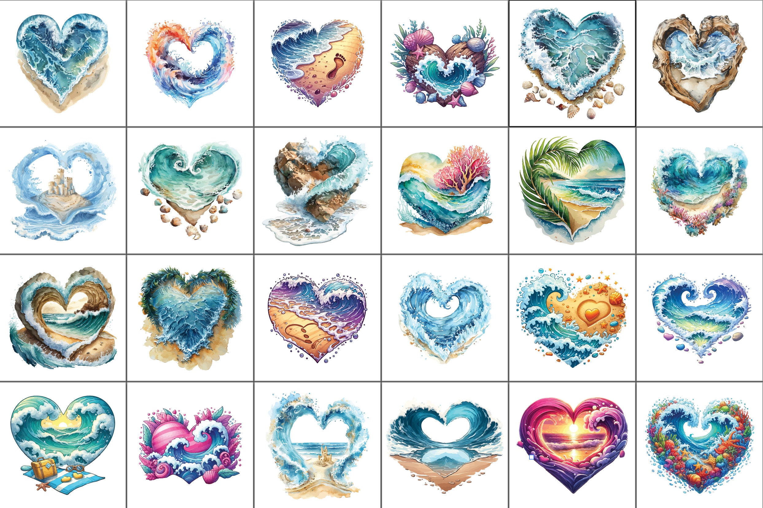 Watercolor Beach Heart Clipart: Ocean Heart, Ocean Waves, Sea Rocks (24 ...