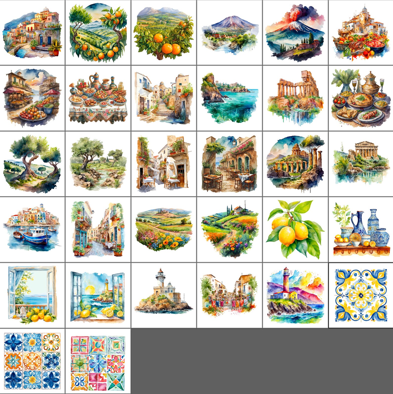 Sicilia Italy Watercolor Clipart, Sicilian Landmarks, Sicily Food ...