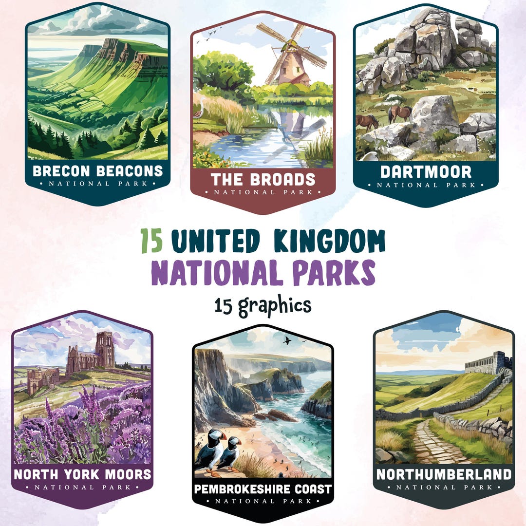 All 15 United Kingdom National Parks Watercolor Clipart, UK National ...