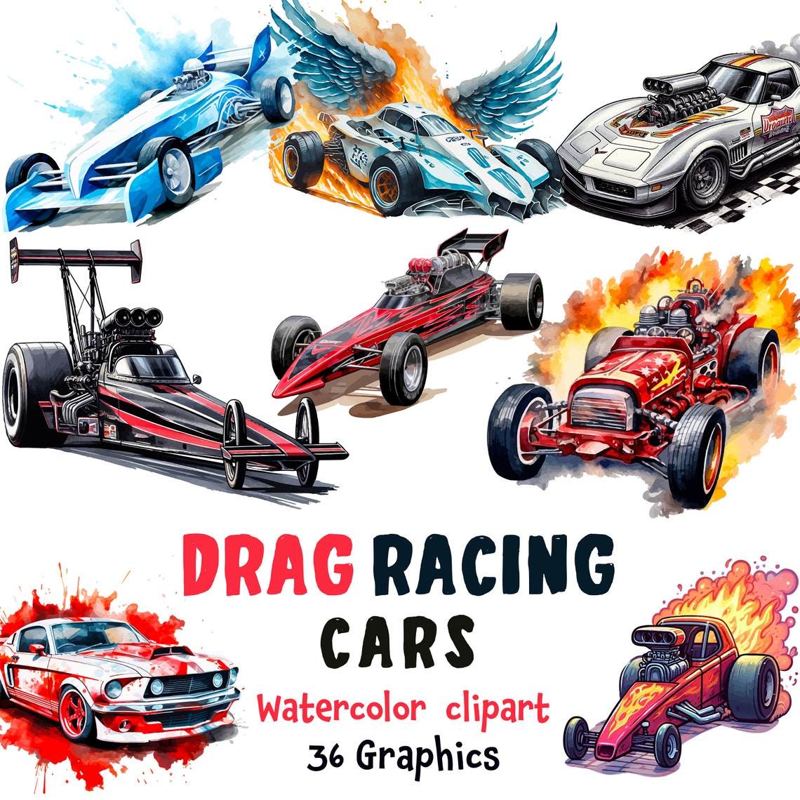 Watercolor Drag Racing Car Clipart: Dragsters, Street Racing Cars, 36 ...