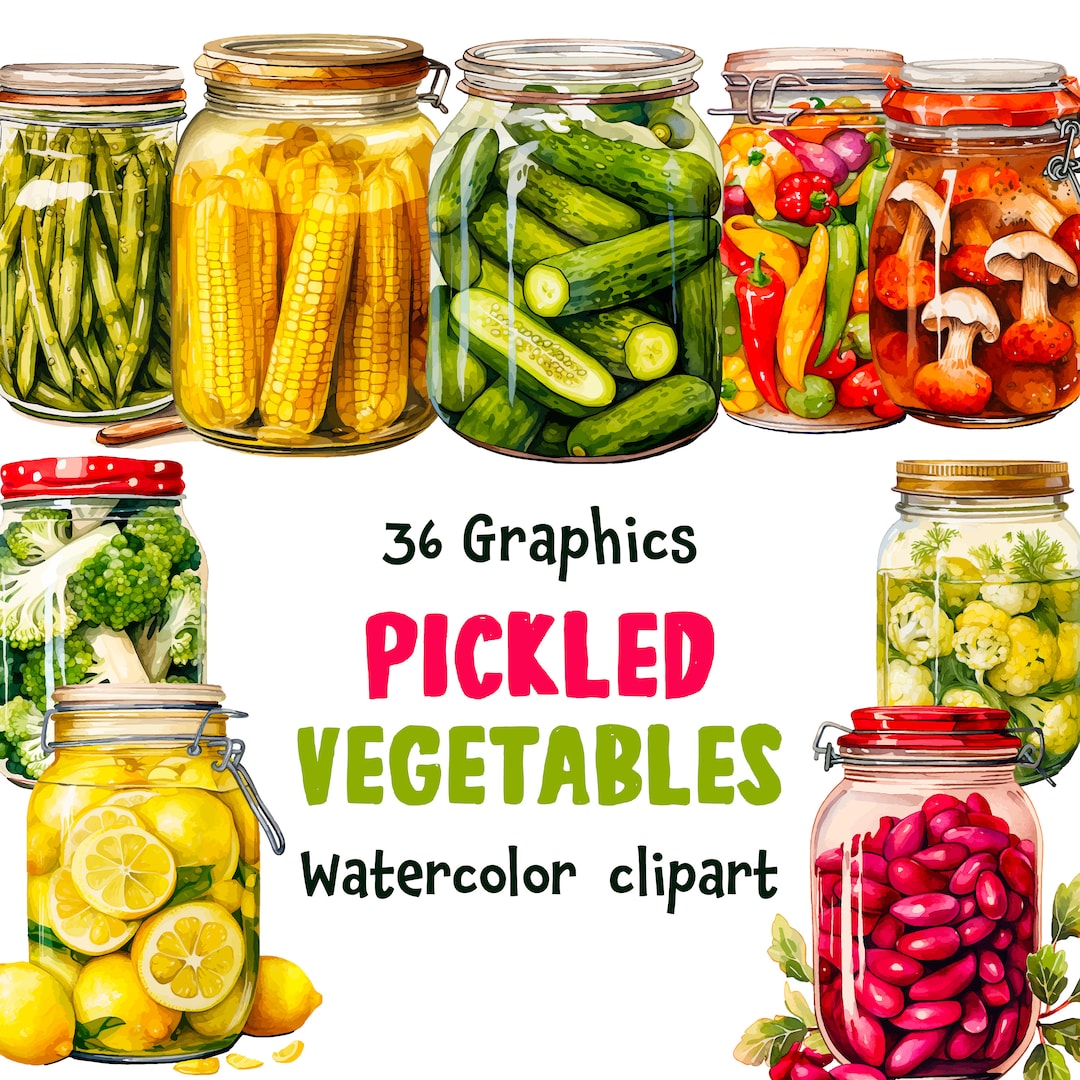 Pickled Vegetables Watercolor Clipart, Pickle Jars, Homemade Veggies 36 ...