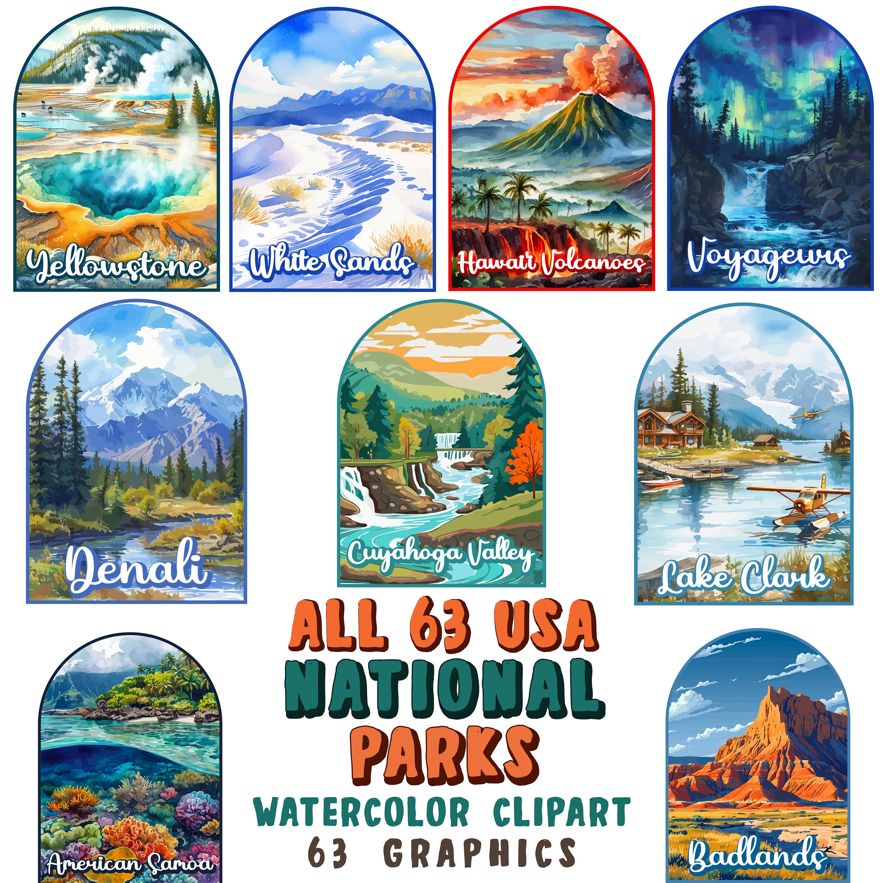 USA National Parks Watercolor Clipart: 63 SVG PNG Graphics - Etsy