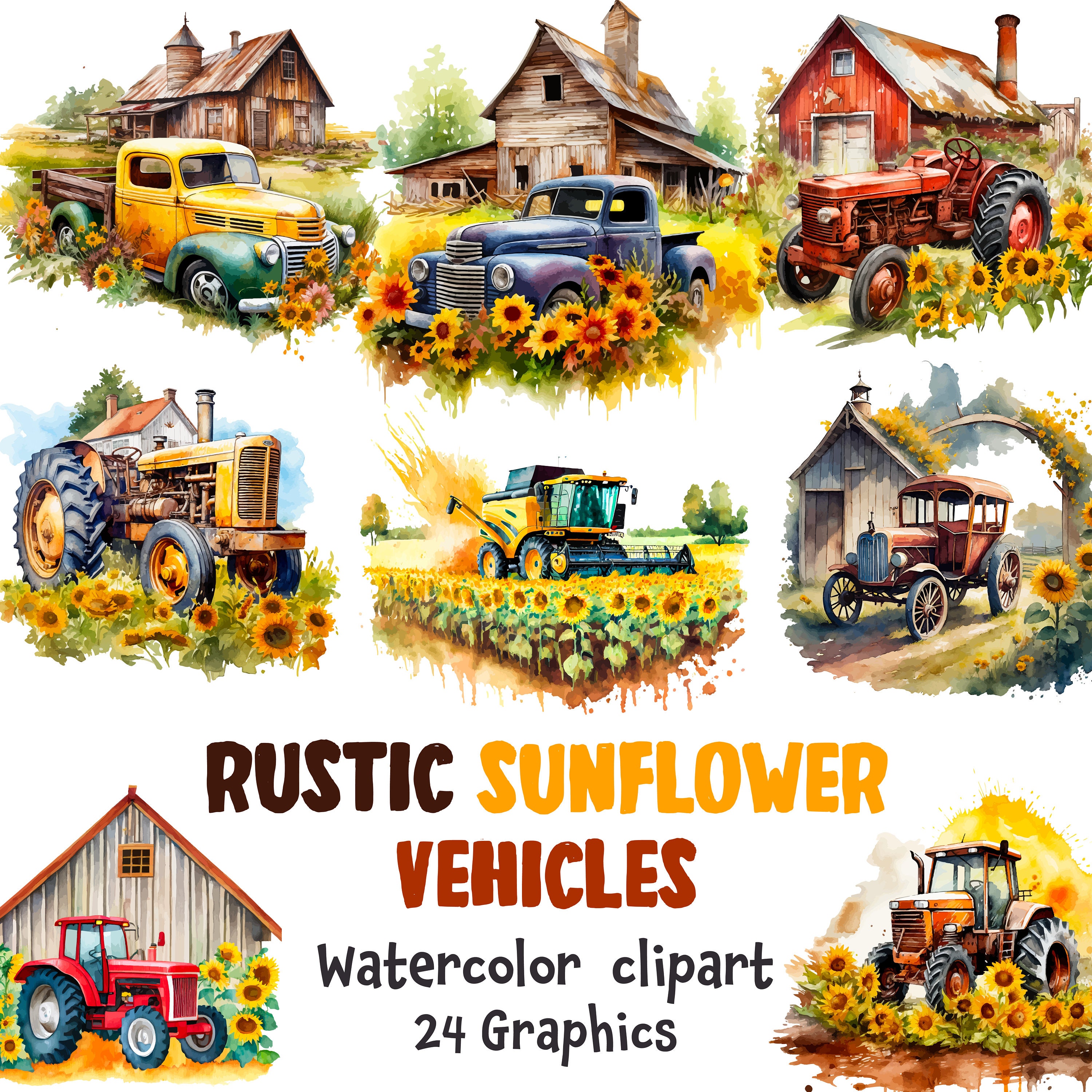 Rustic Sunflower Vehicles Watercolor Clipart, Farm Truck Sunflowers ...
