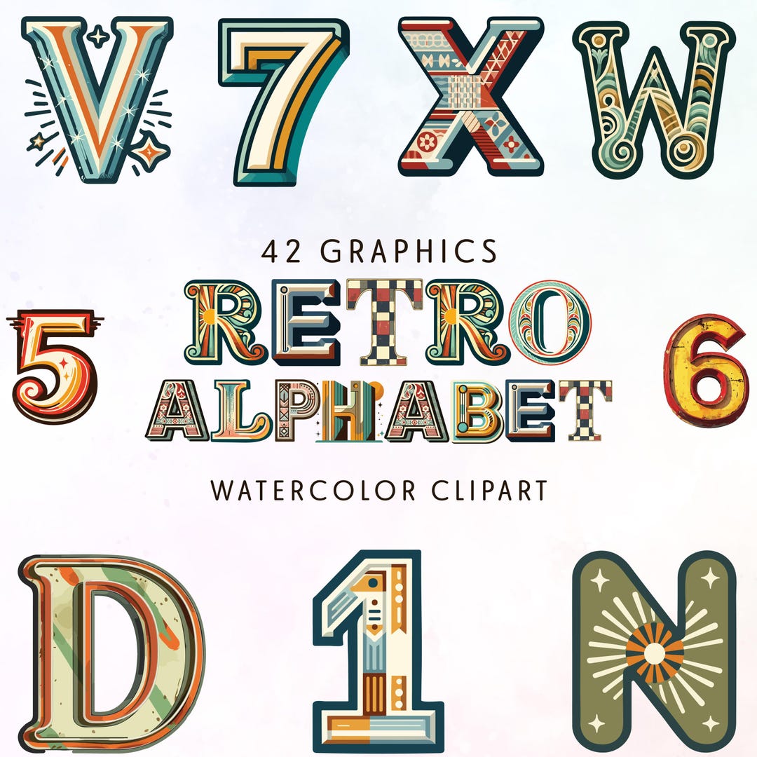 Retro Watercolor Alphabet Clipart: 60s Style Letters (42 PNG, SVG) - Etsy