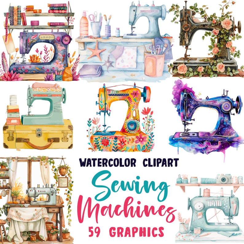Watercolor Sewing Machine Clipart: Floral Stitching, Vintage Sewing ...