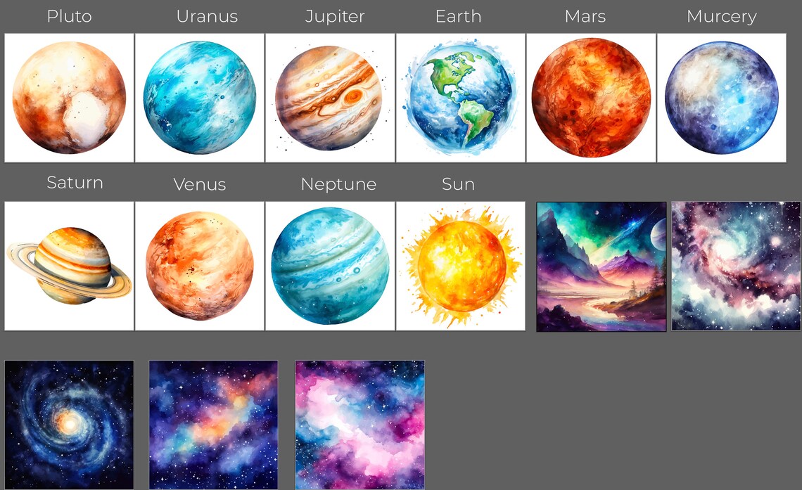 Solar System Watercolor Clipart, Milky Way Galaxy Planets, Jupiter ...