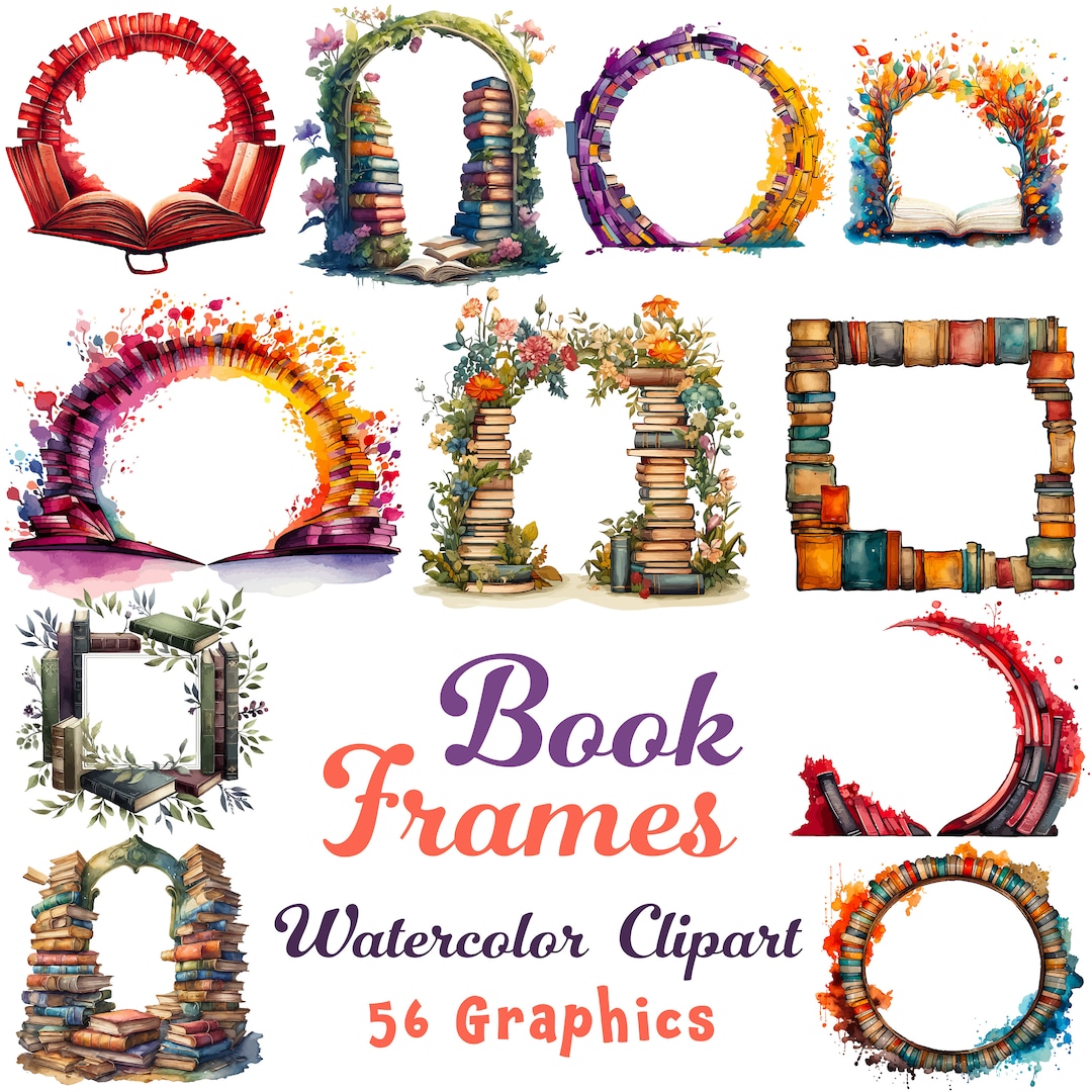 Book Frames Watercolor Clipart, Frame Element, Book Shelf, Education ...