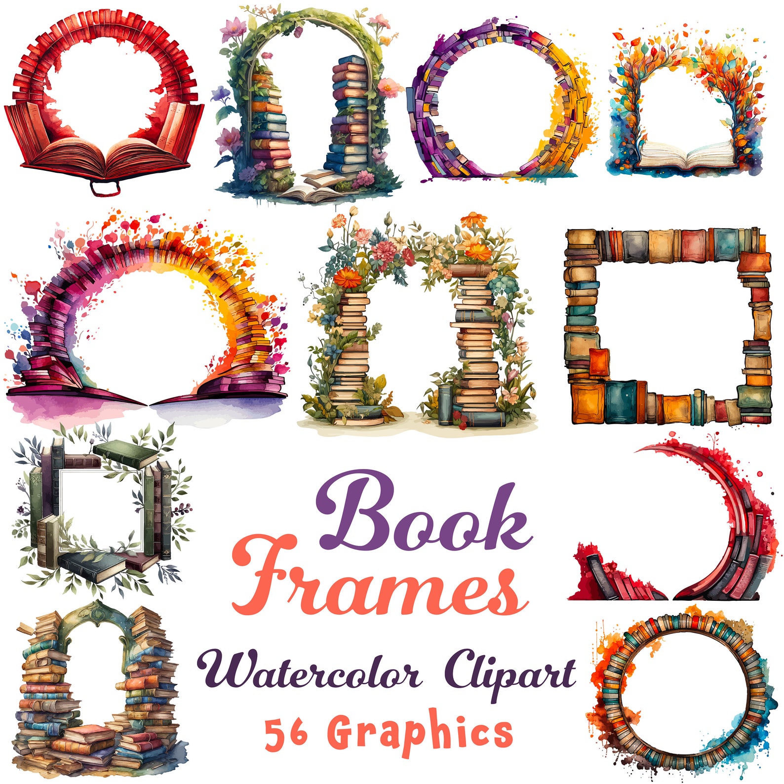Watercolor Book Frame Clipart: Vintage Book Border, Book Frames, Floral ...