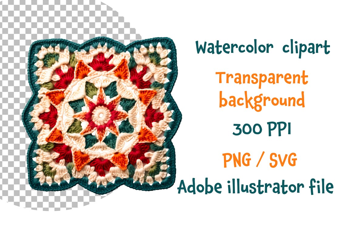 Watercolor Granny Squares Clipart: 30 PNG & SVG Patterns (digital ...