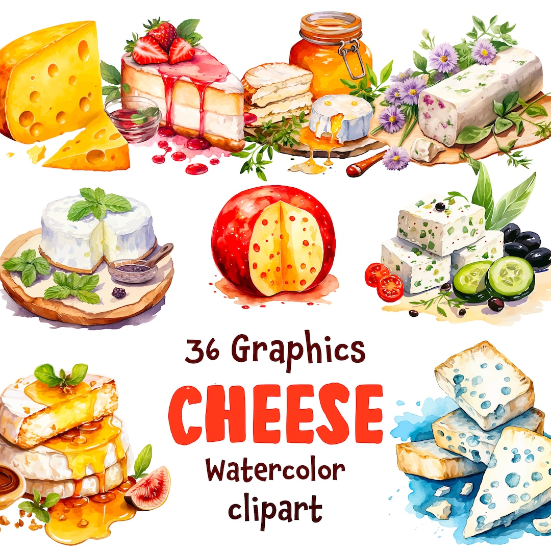 Cheese Bundle Watercolor Clipart, Blue Cheese, Cheddar, Brie Cheese ...