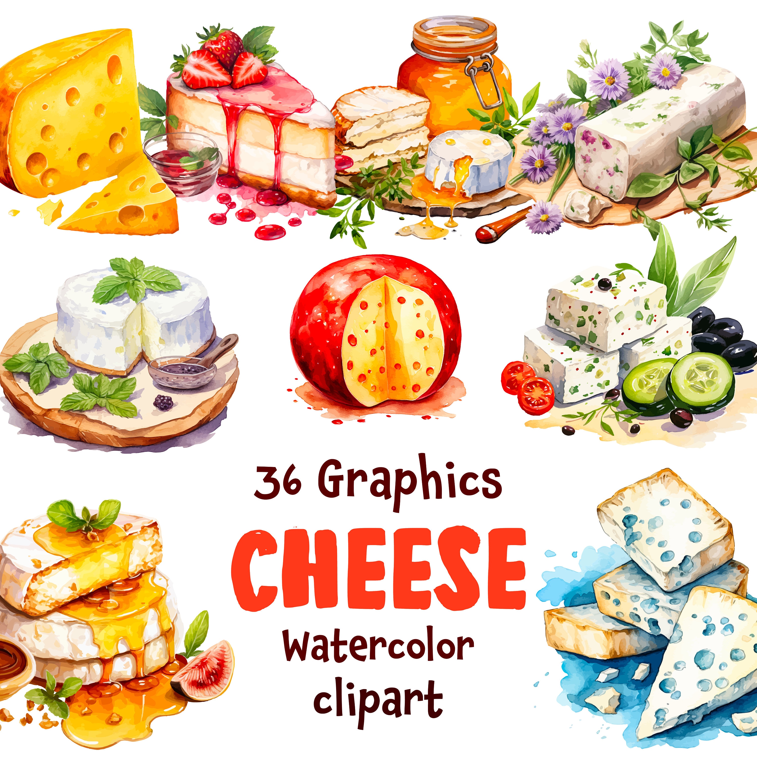 Cheese Bundle Watercolor Clipart, Blue Cheese, Cheddar, Brie Cheese ...
