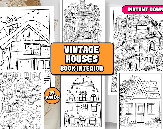 Vintage Houses Coloring Book: Rustic Home Illustrations (digital ...