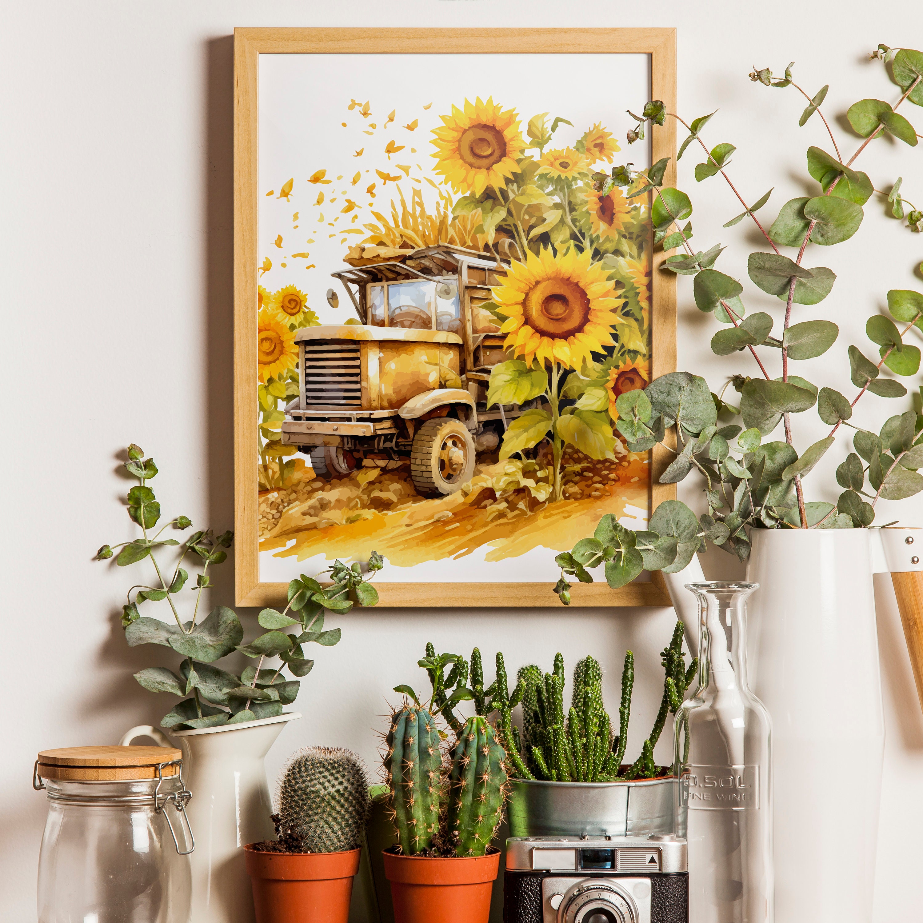 Rustic Sunflower Vehicles Watercolor Clipart, Farm Truck Sunflowers ...