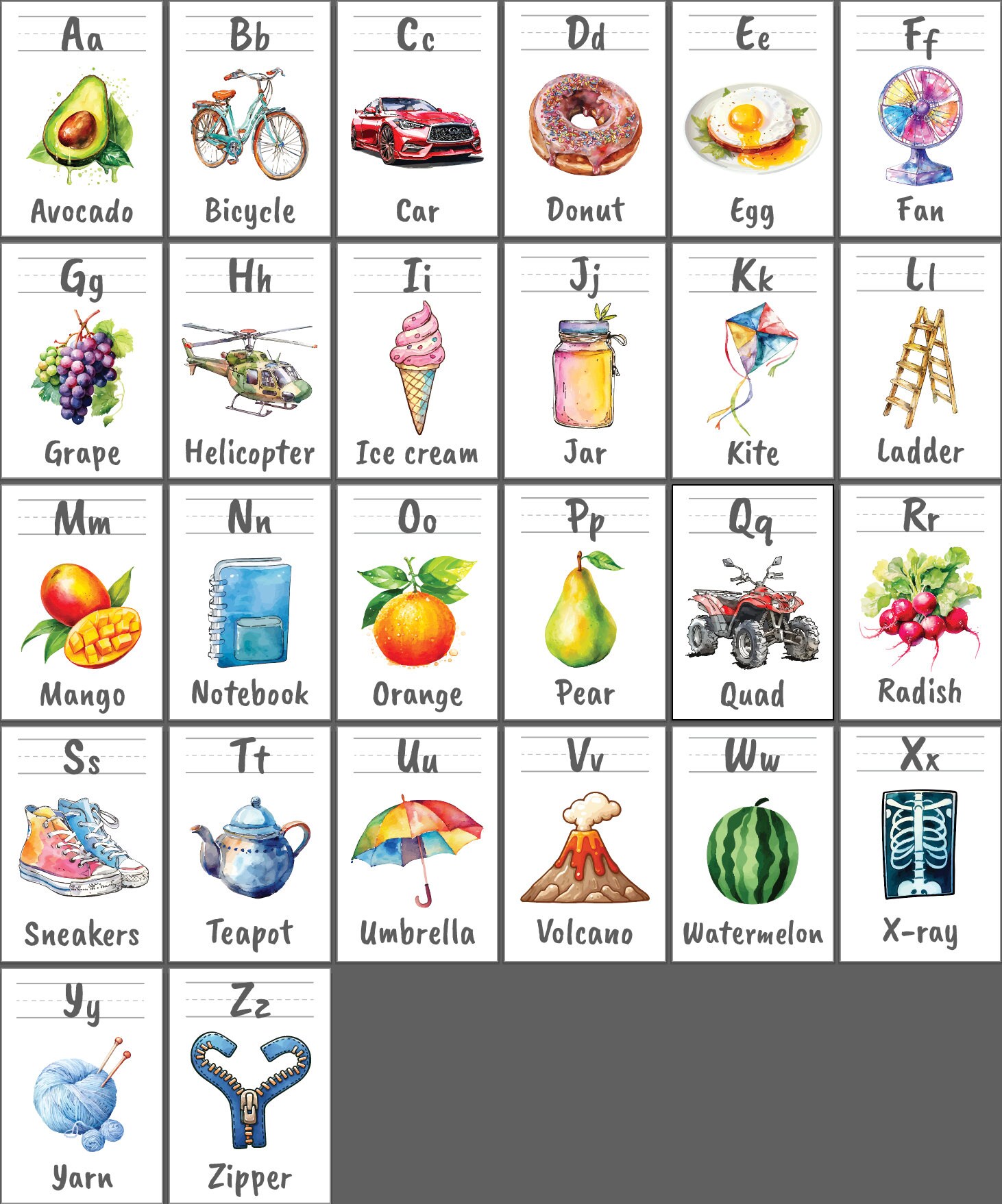 Alphabet Watercolor Flash Cards, Printable Alphabet Flash Cards ...