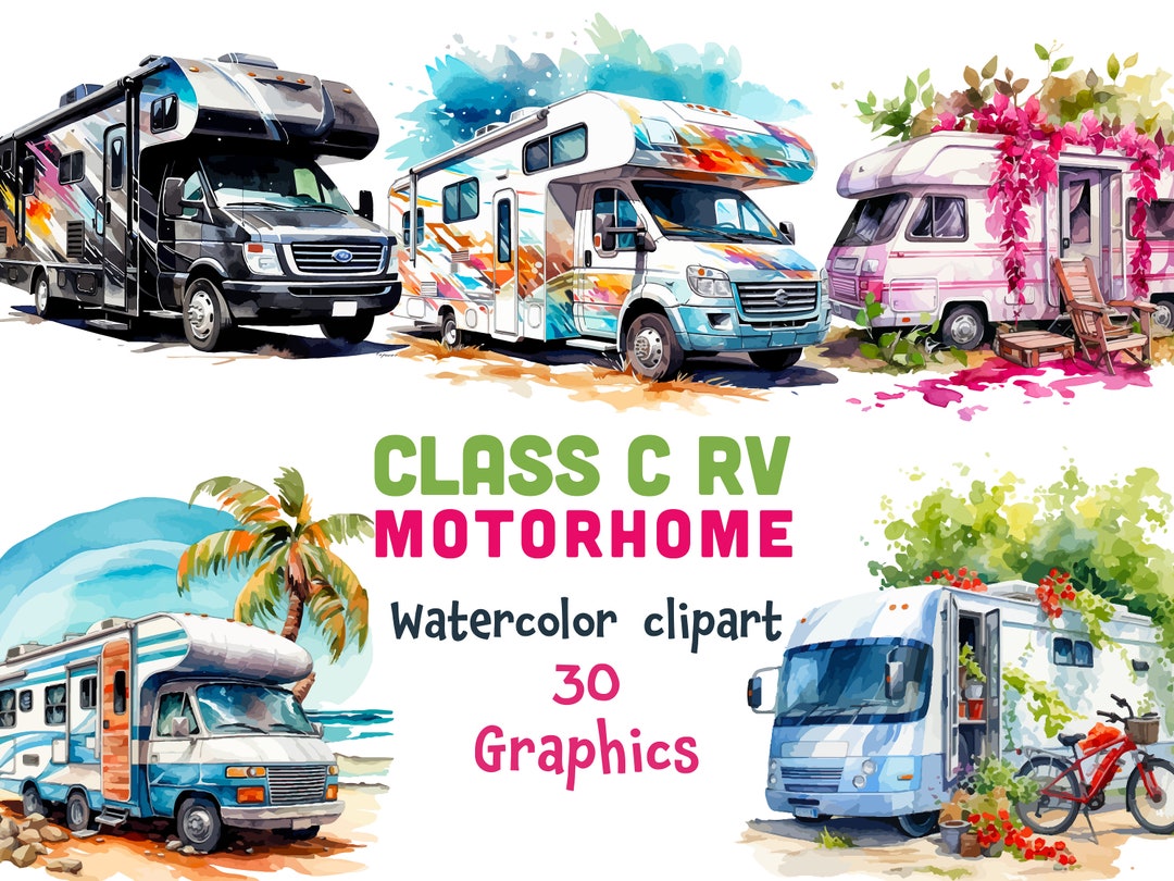 Class C RV Motorhome, Camping Vans Watercolor Clipart, Class C Camping ...