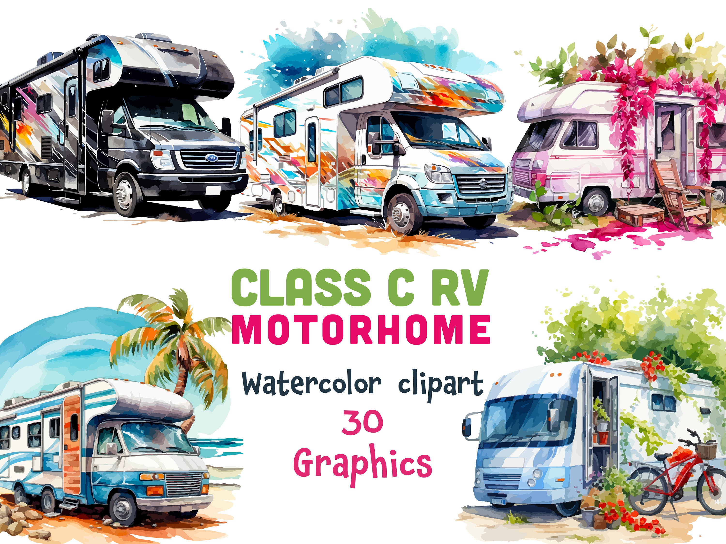 Class C RV Motorhome, Camping Vans Watercolor Clipart, 30 Graphics ...