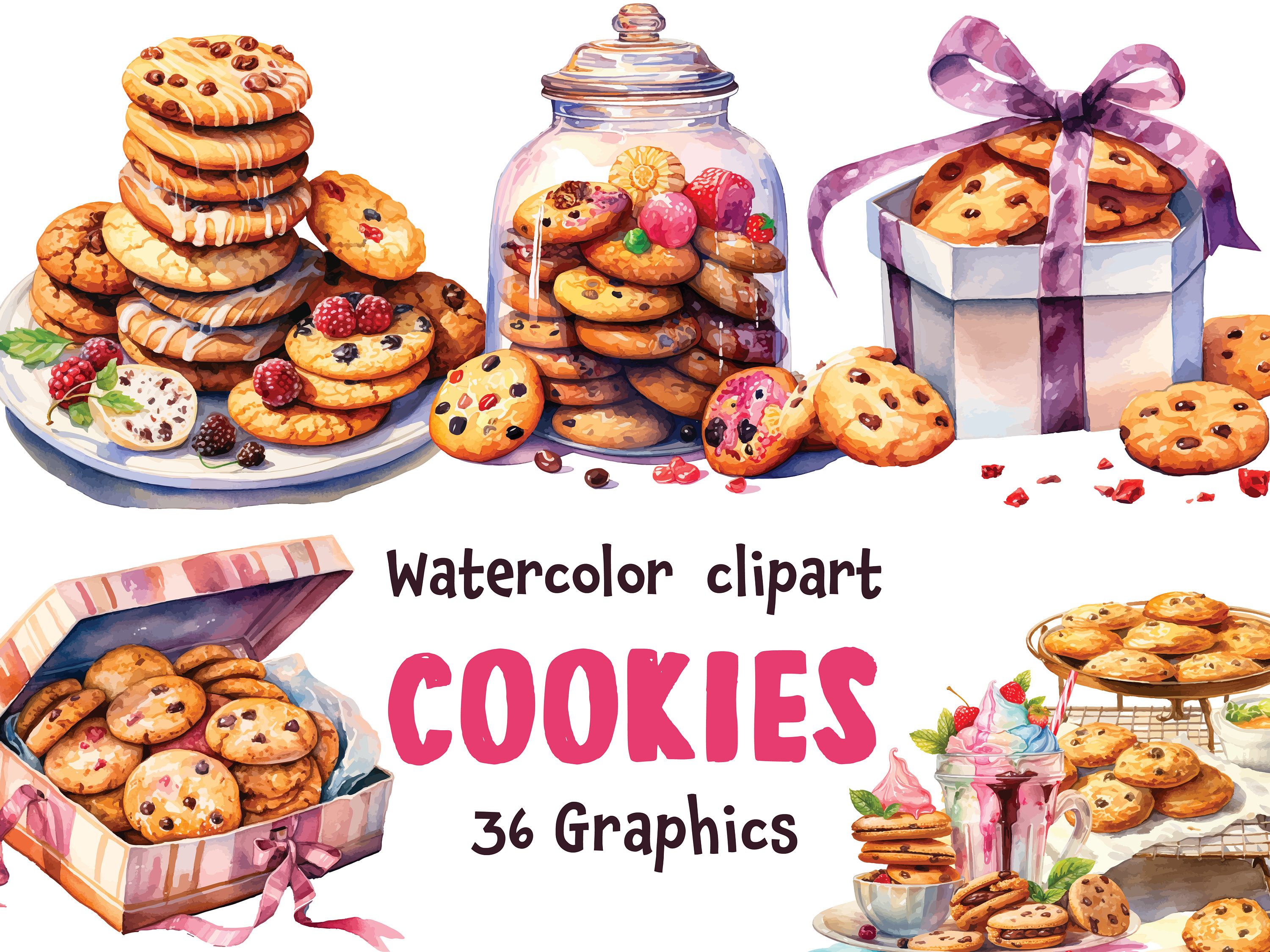 Cookies Watercolor Clipart, Chocolate Chip Cookies, Cookie Gift Box 36 ...