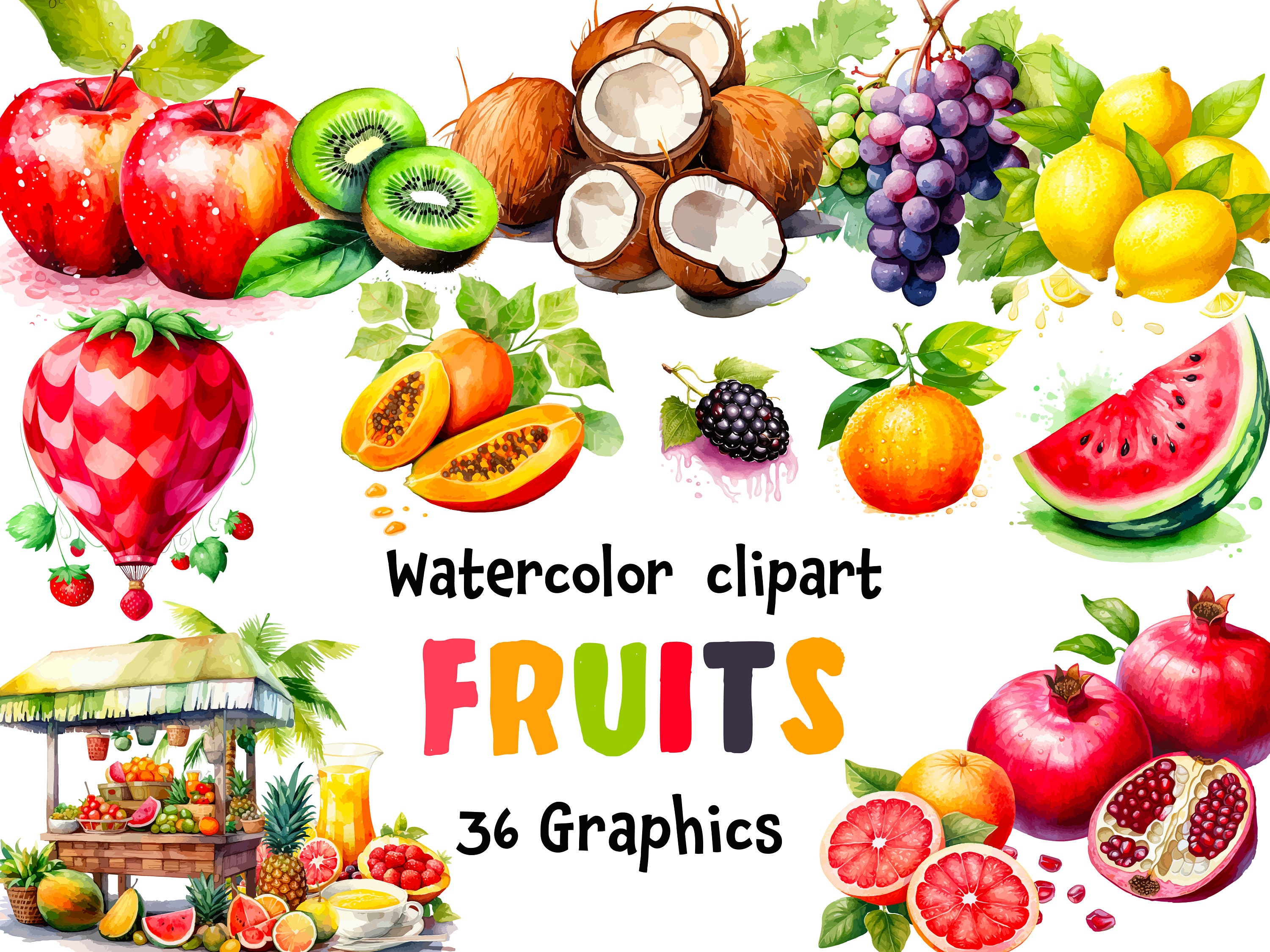 Fruits Watercolor Clipart, Healthy Food Clipart, 36 SVG, 36 PNG ...