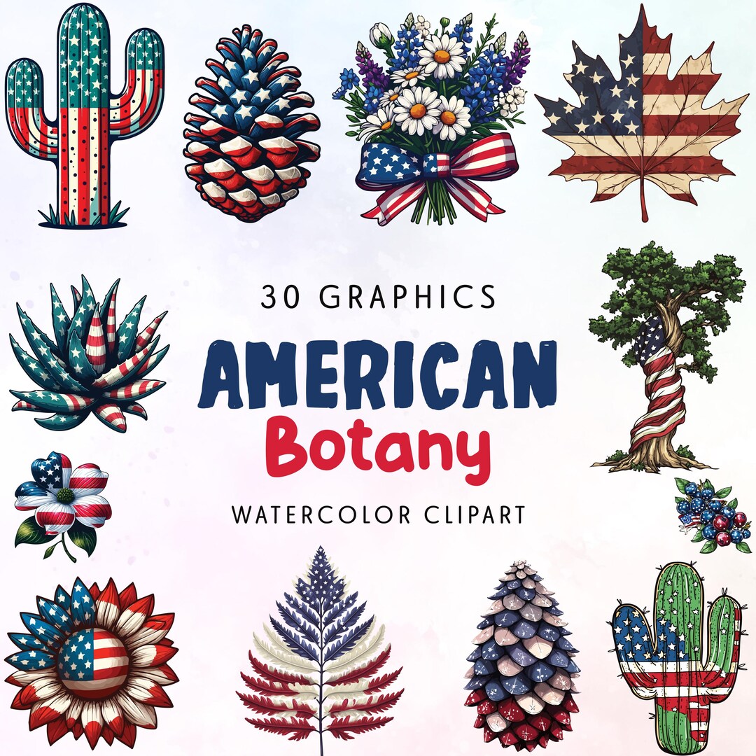 USA Botany Watercolor Clipart, American Plants With USA Flag, Pine ...