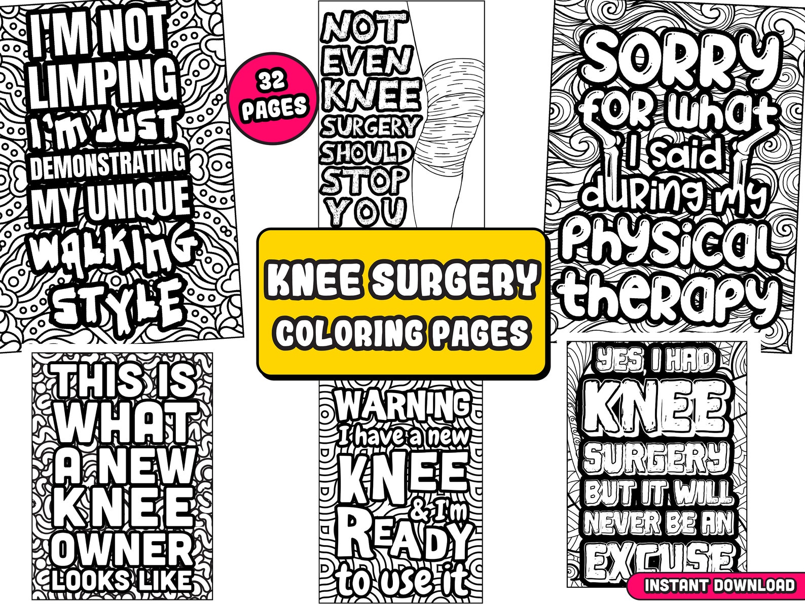 Funny Knee Surgery Coloring Pages: Sarcastic Illustrations (digital ...