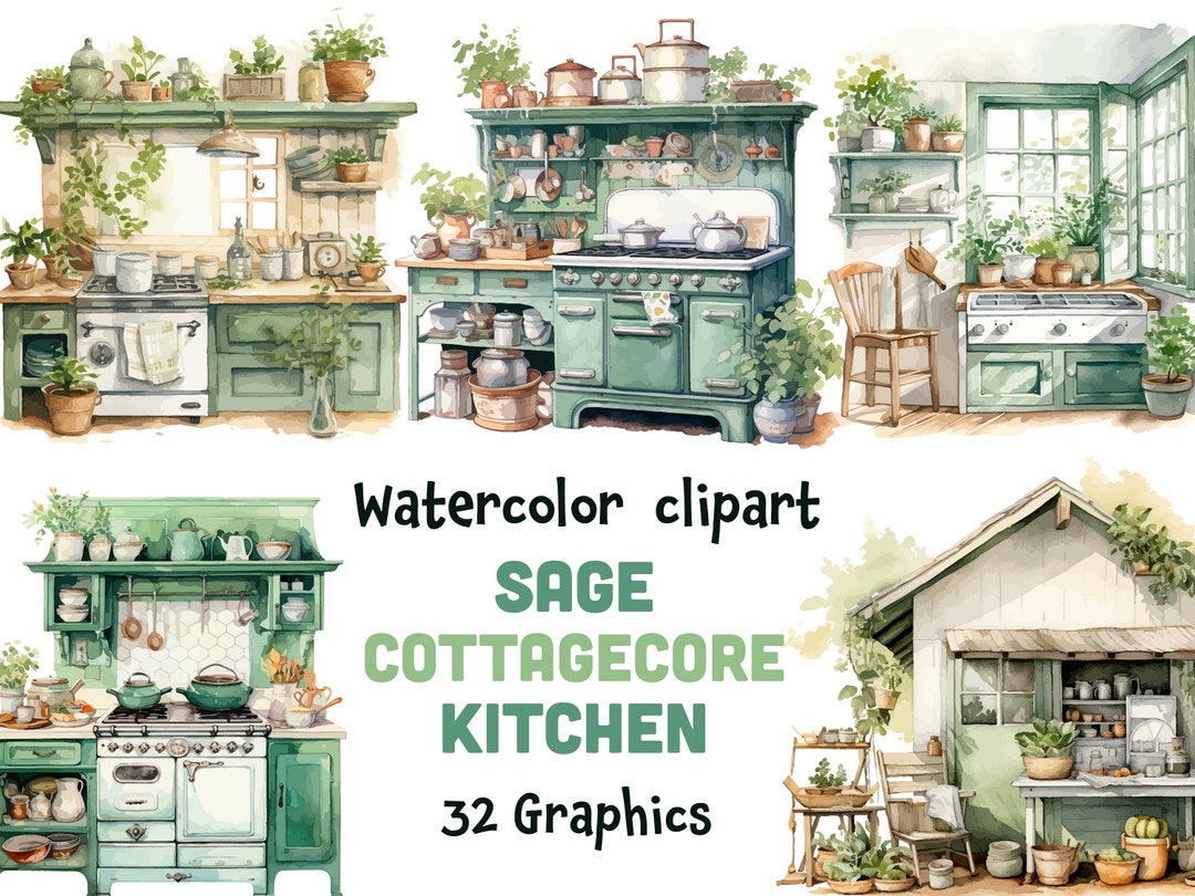 Sage Cottagecore Kitchen Clipart Bundle, Farm Life, Countryside, 32 SVG ...