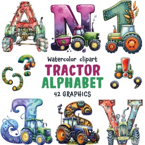 Watercolor Tractor Alphabet Clipart: A-Z, 1-9 (SVG, PNG) - Etsy