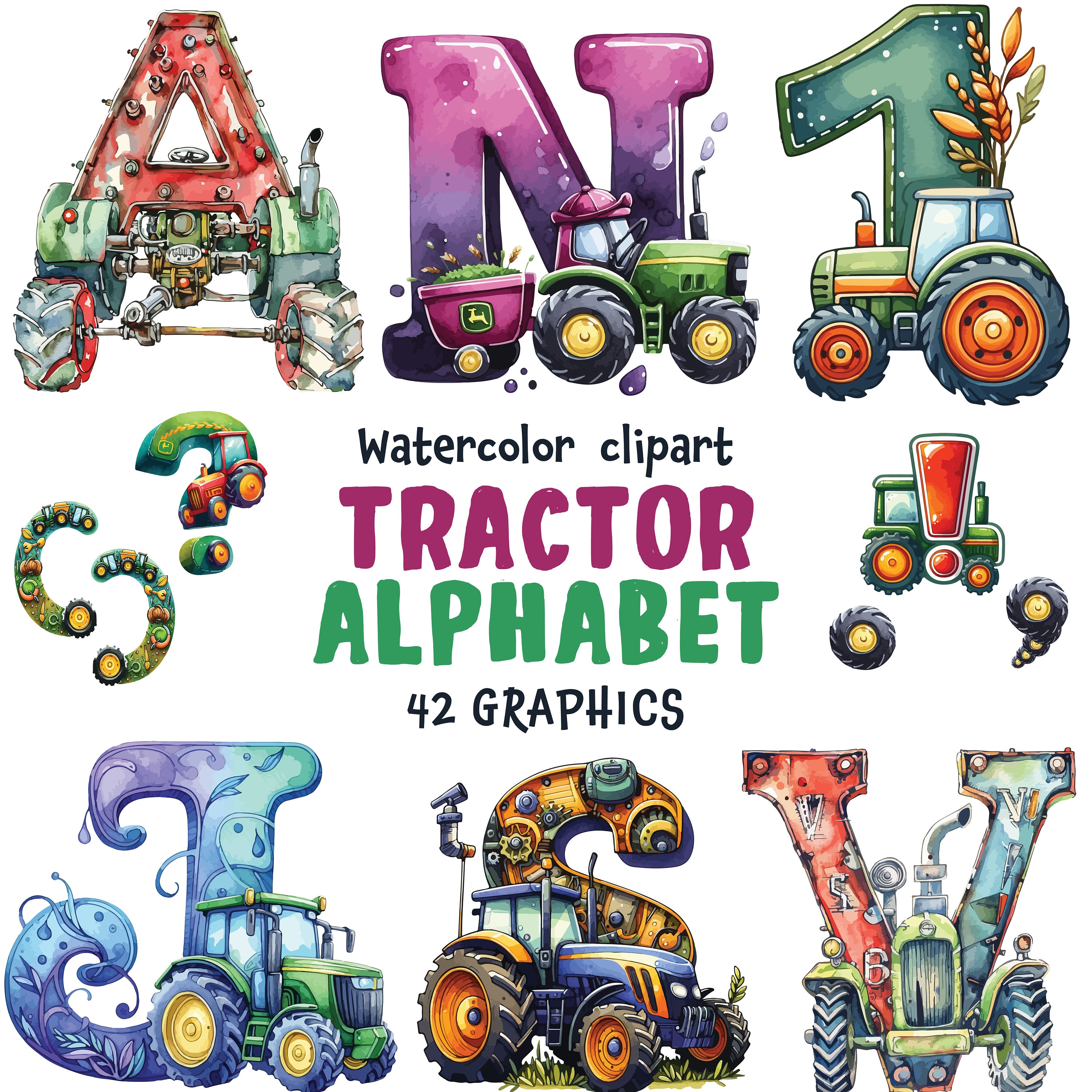 Tractor Letters and Numbers Watercolor Clipart, Tractor Alphabet, Cute ...