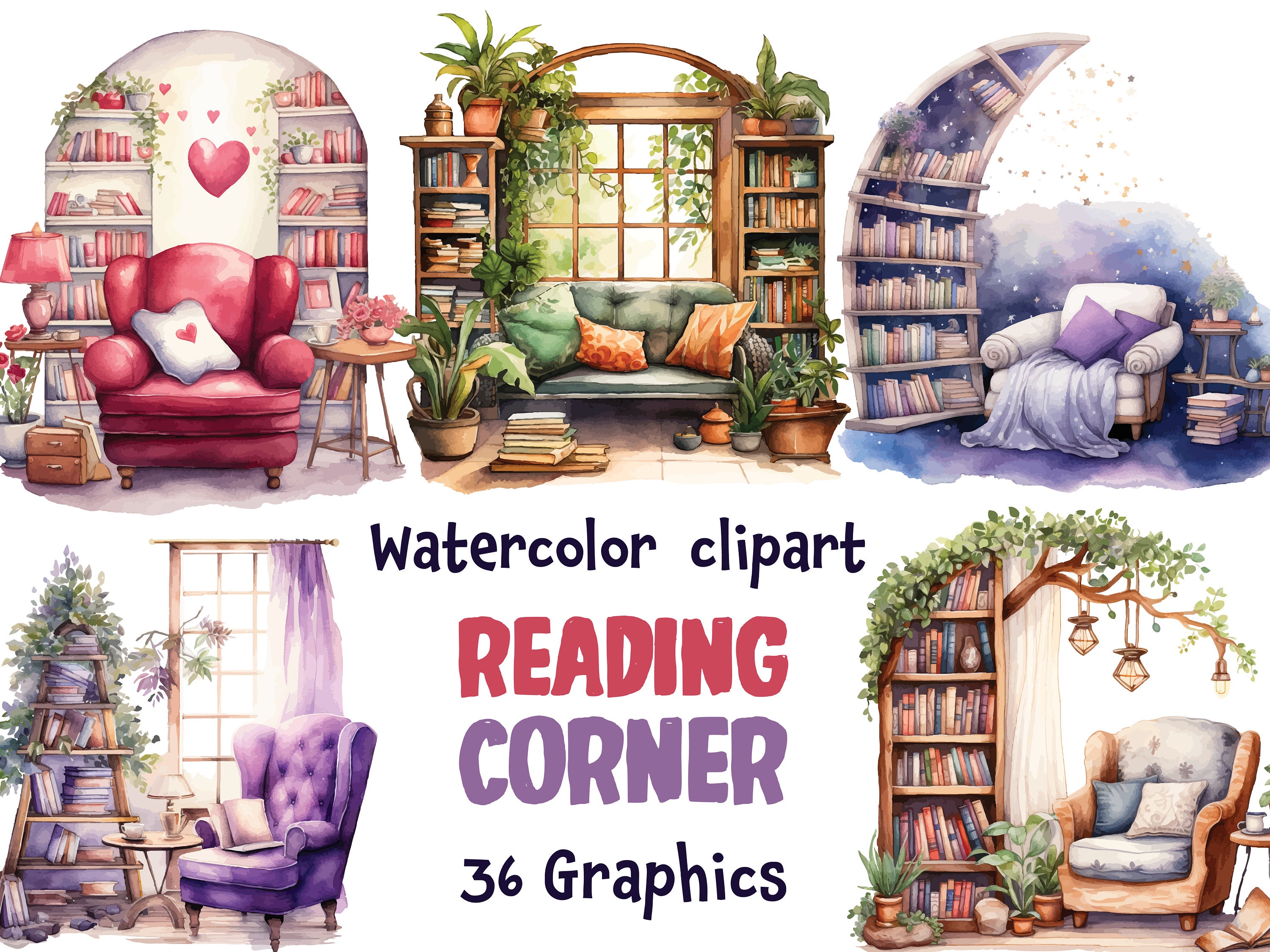 Watercolor Reading Corner Clipart: Bookshelf Library Designs (36 PNG ...