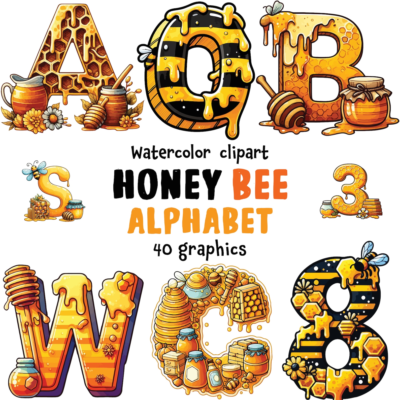 Honey Bee Watercolor Alphabet Clipart: Honeycomb Letters, Honey Font ...
