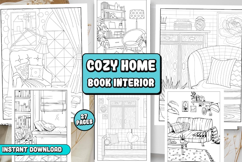 Cozy Home Coloring Pages, Cozy Living Room, Cozy Reading Corner ...