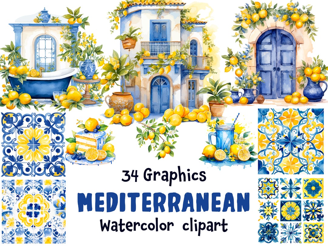 Mediterranean Watercolor Clipart: Yellow and Blue Mediterranean Art ...