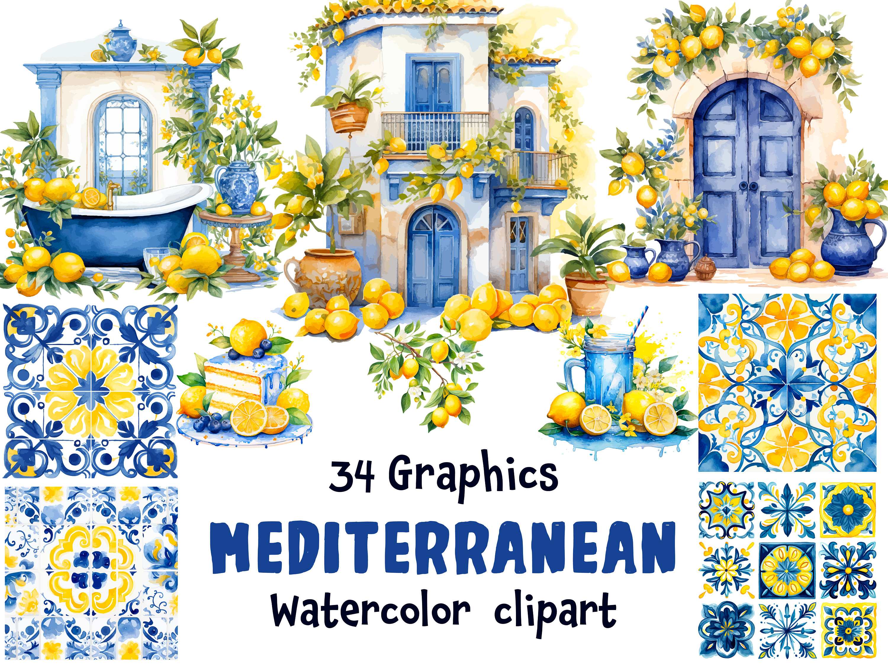 Mediterranean Watercolor Clipart Tile and Lemons - Etsy