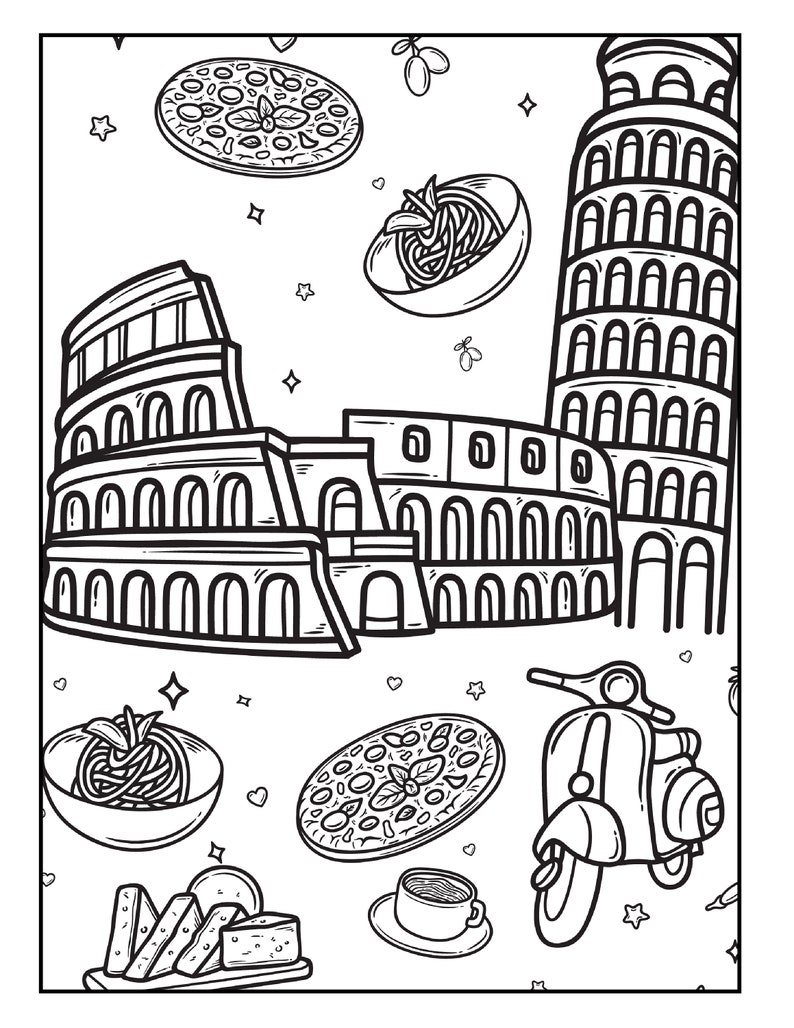 Italy Coloring Pages: Italian Landmarks & Food (digital Download) - Etsy