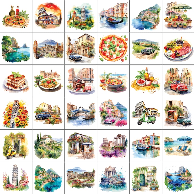 Italy Watercolor Clipart: Italian Landmarks, Italy's Food, Scooter (36 ...