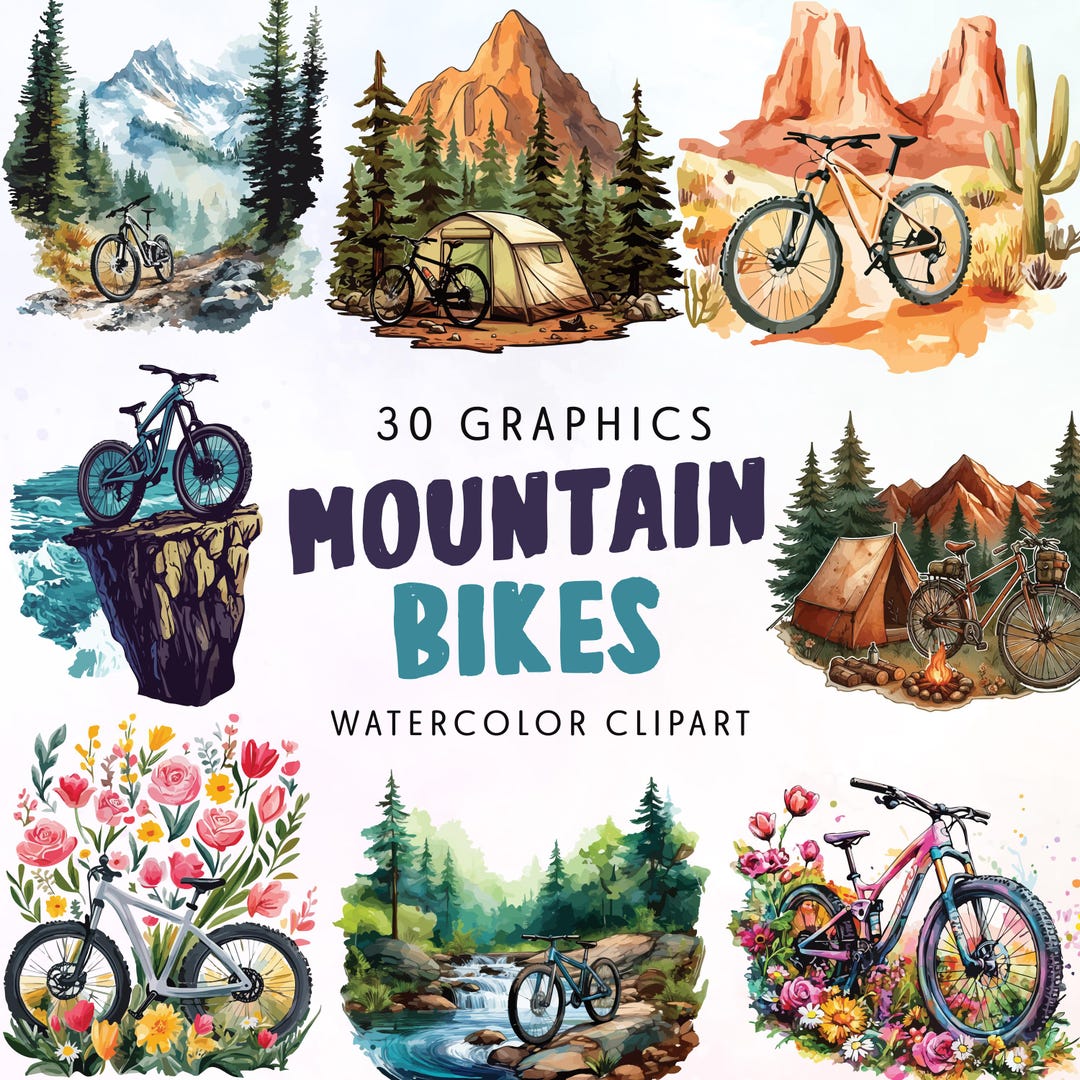 Watercolor Mountain Bike Clipart: 30 MTB Graphics (digital Download ...