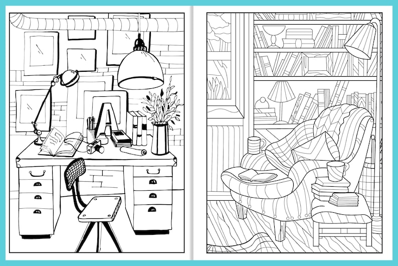 Cozy Home Coloring Pages, Cozy Living Room, Cozy Reading Corner ...