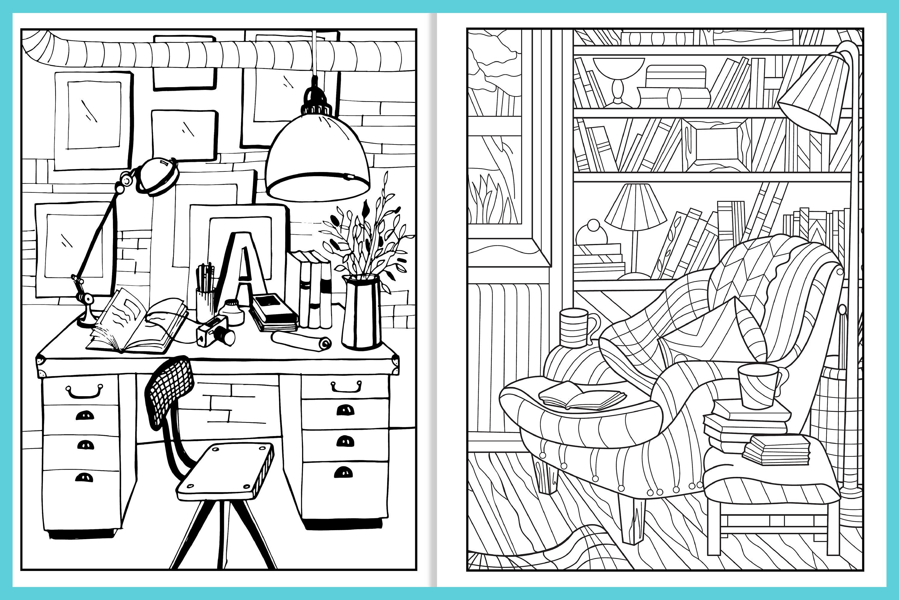 Cozy Home Coloring Pages, Cozy Living Room, Cozy Reading Corner ...