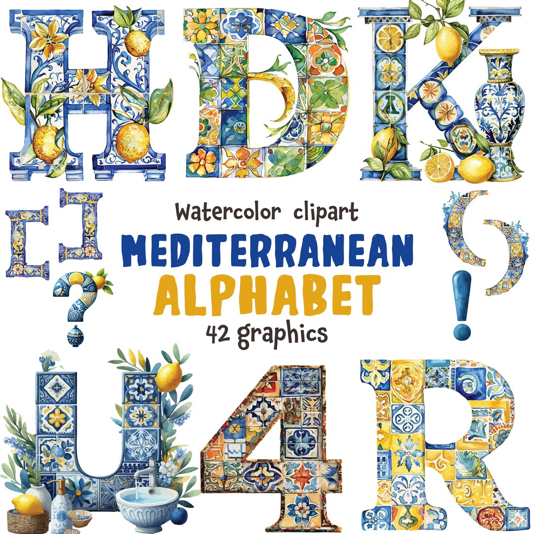 Mediterranean Tile Alphabet Watercolor Clipart, Mediterranean Font ...