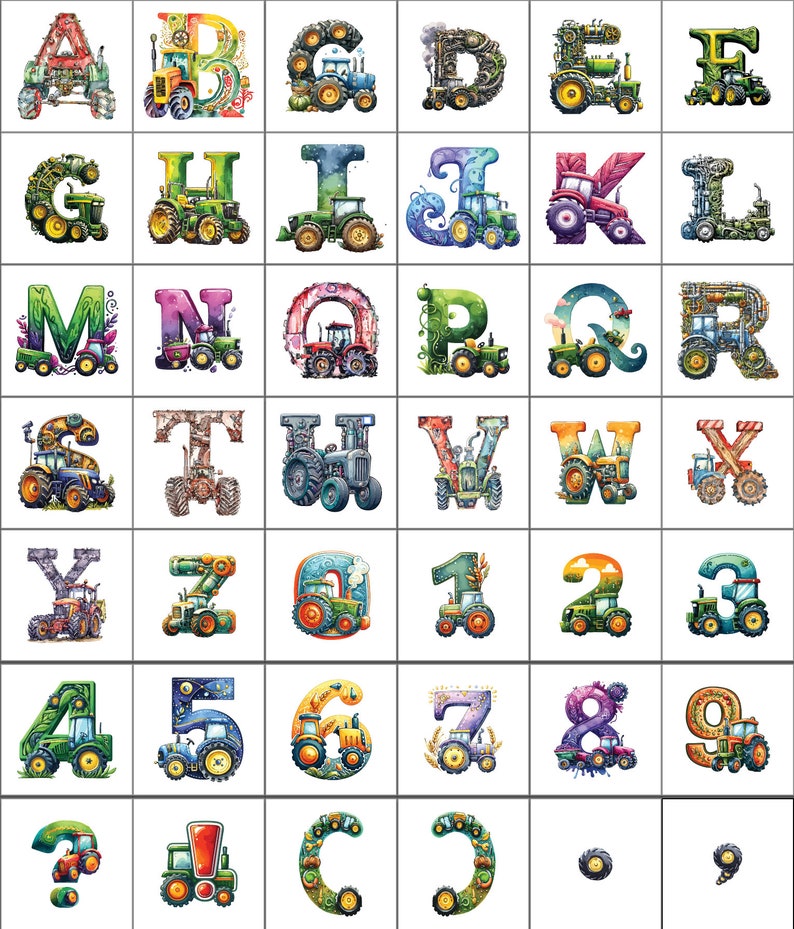 Tractor Letters and Numbers Watercolor Clipart, Tractor Alphabet, Cute ...