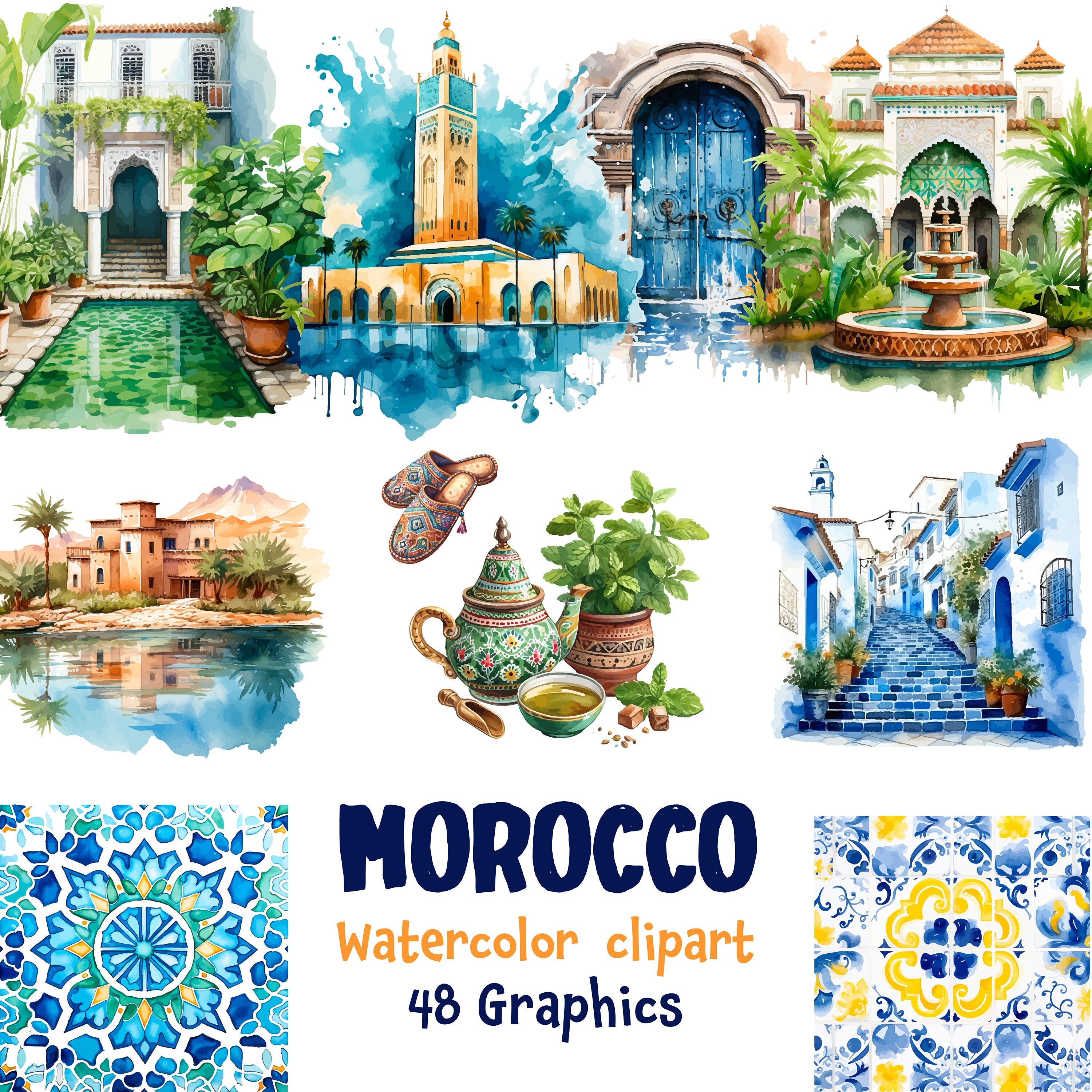 Morocco Watercolor Clipart: Moroccan Landmarks, Moroccan Mosaic, Maroc ...