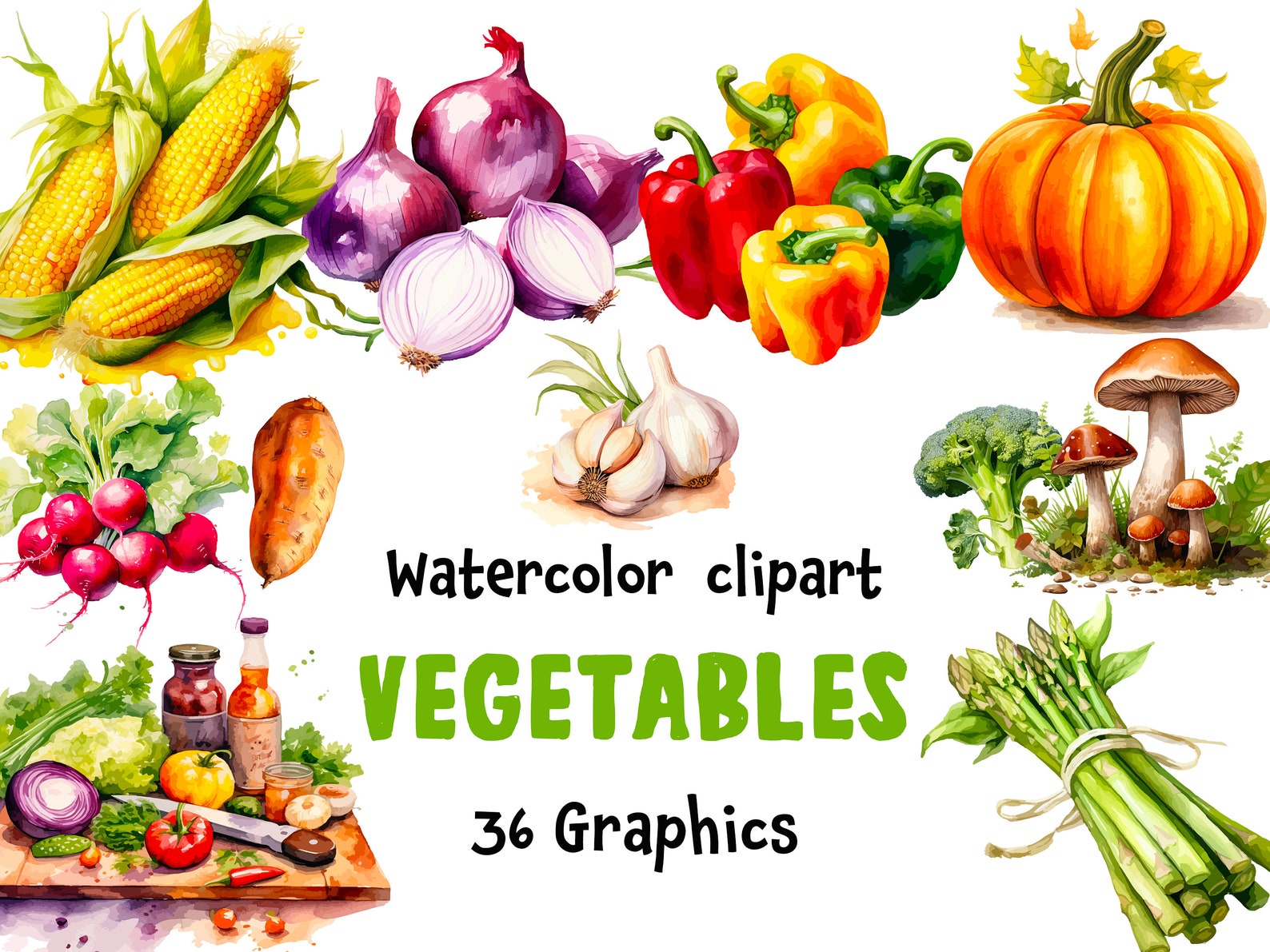 Vegetables Watercolor Clipart, Farm Vegetables Basket,gardening 36 SVG ...