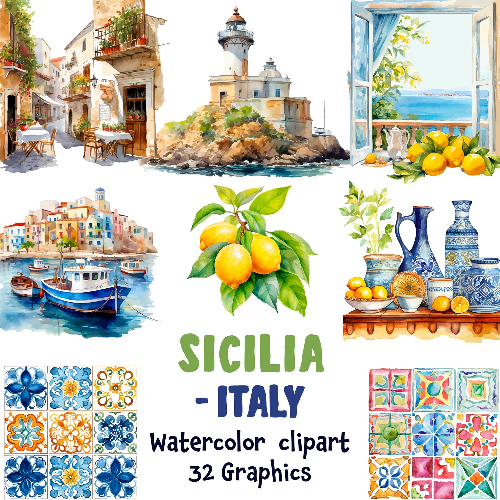 Sicilia Italy Watercolor Clipart, Sicilian Landmarks, Sicily Food ...