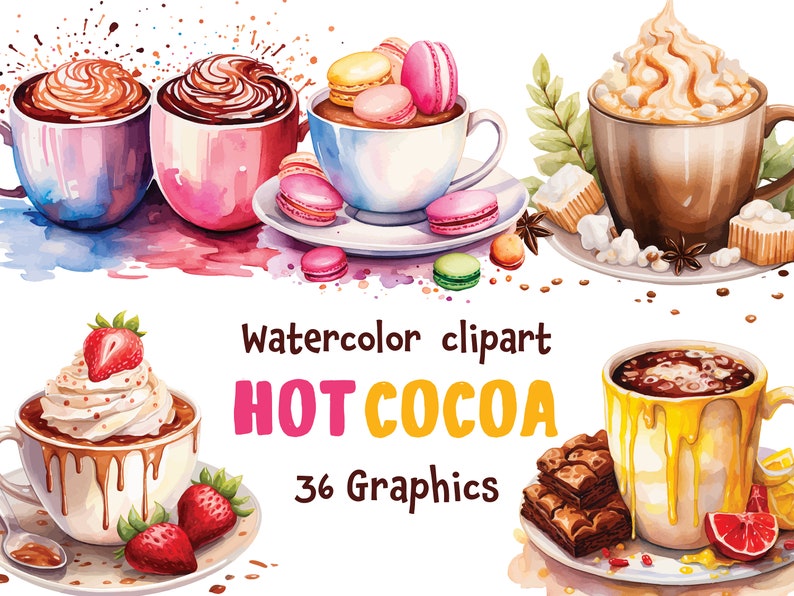 Hot Cocoa Mugs Watercolor Clipart, Hot Chocolate, Cup of Choco, 36 SVG ...